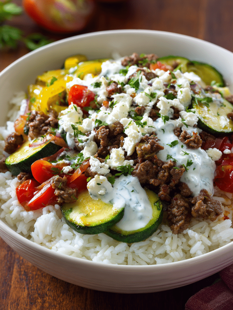 Greek-Style Beef and Zucchini Rice Bowl