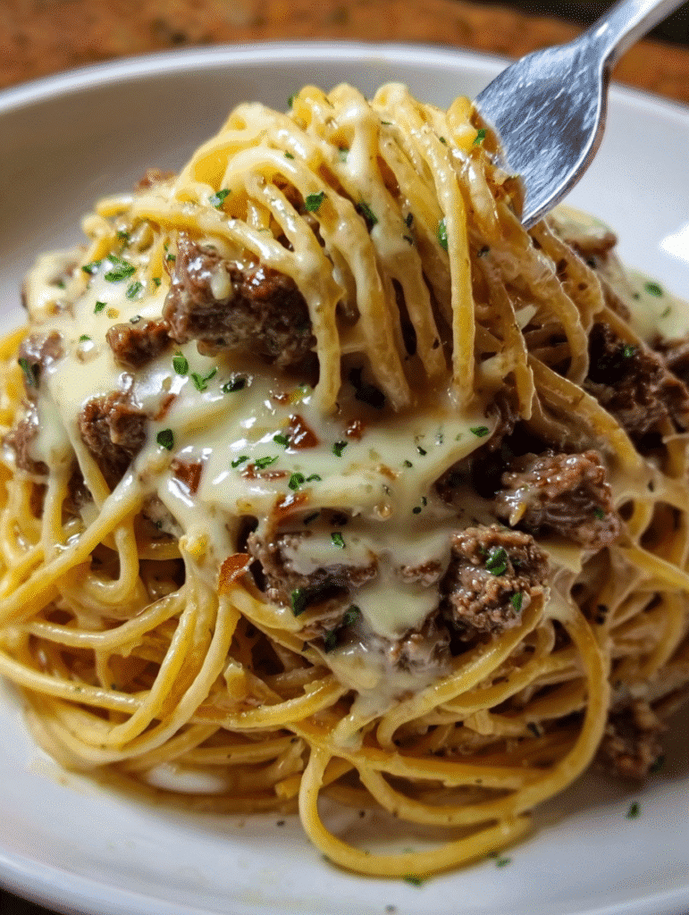 Creamy Garlic Butter Beef Spaghetti with Cheddar Parmesan Sauce Recipe